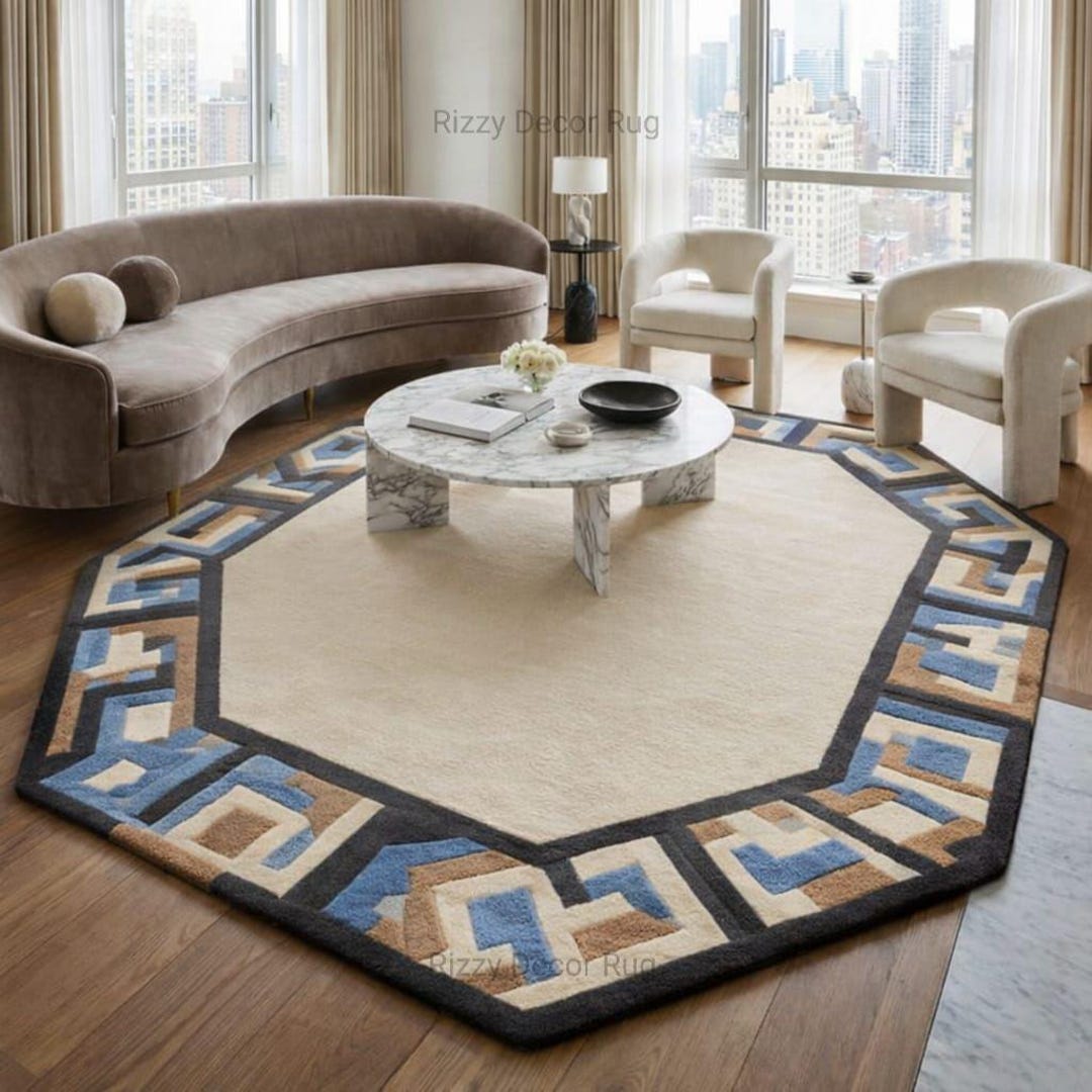 Octagon Hand Tufted Wool Area Rug – Modern Greek Key Design - Etsy