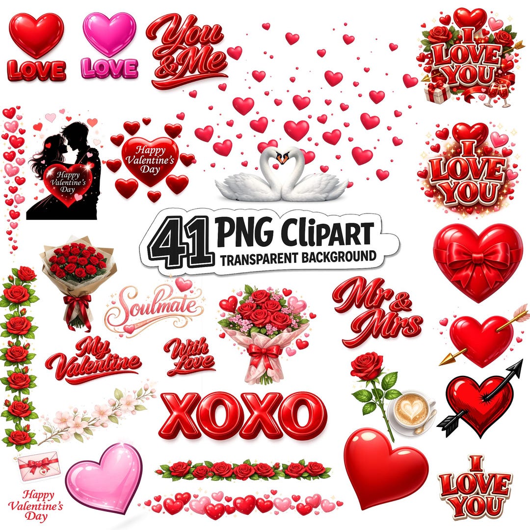 Valentine’s Day Clip Art 41 PNG Transparent Background Digital Stickers ...