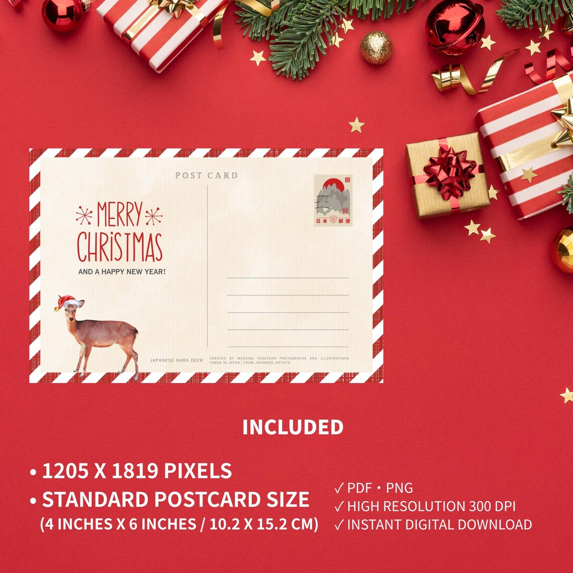 Christmas Postcard | Printable Holiday Postcards 4x6 | Red Stripe ...
