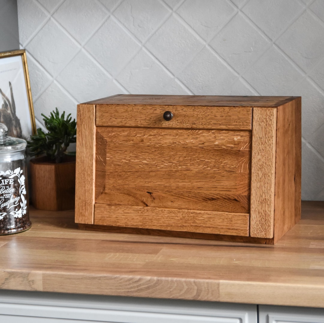 Handmade Oak Bread Box With Cast Iron Handle | Rustic Kitchen Storage ...