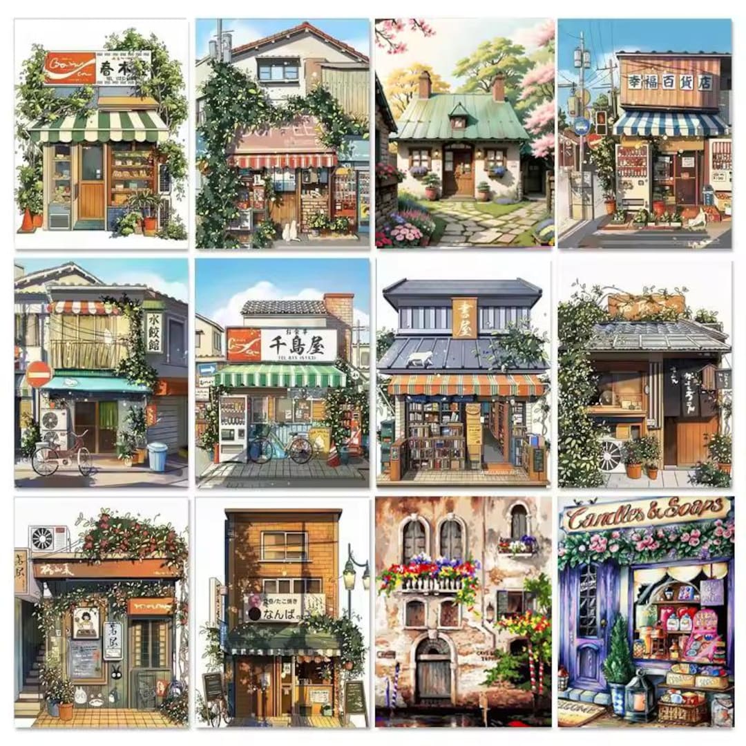 Whimsical Japanese Shopfronts Paint by Number Kit | Cozy Market Street ...