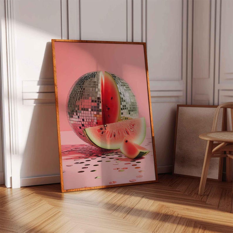 Disco Ball Watermelon Digital Poster, Quirky Pink Wall Art Printable ...