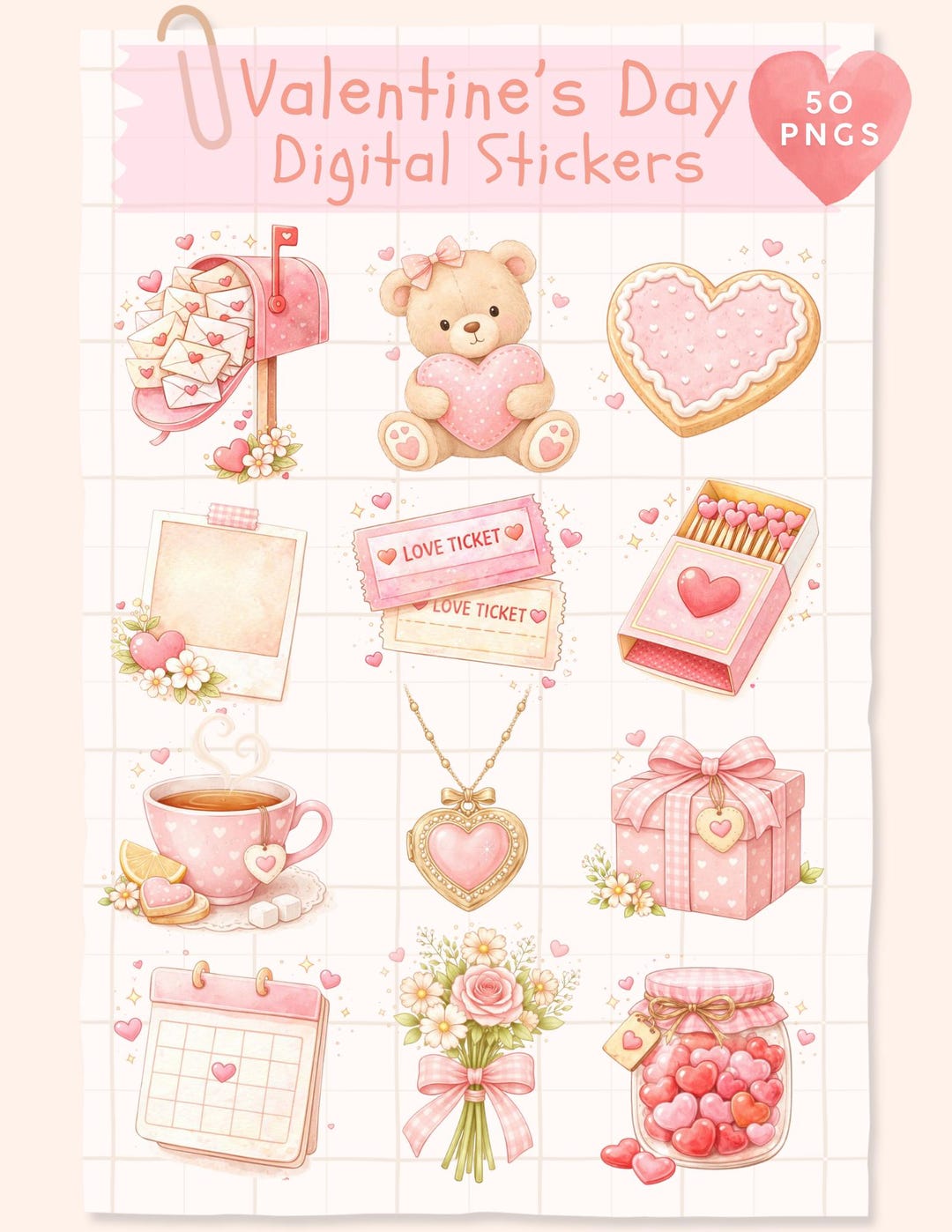 Cute Valentine Stickers (digital Download 50 PNG), Stickers for iPad ...