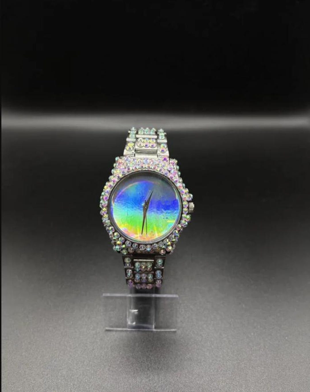 Custom Rainbow Crystal Casio Watch: Handmade Bling, Holographic Dial - Etsy