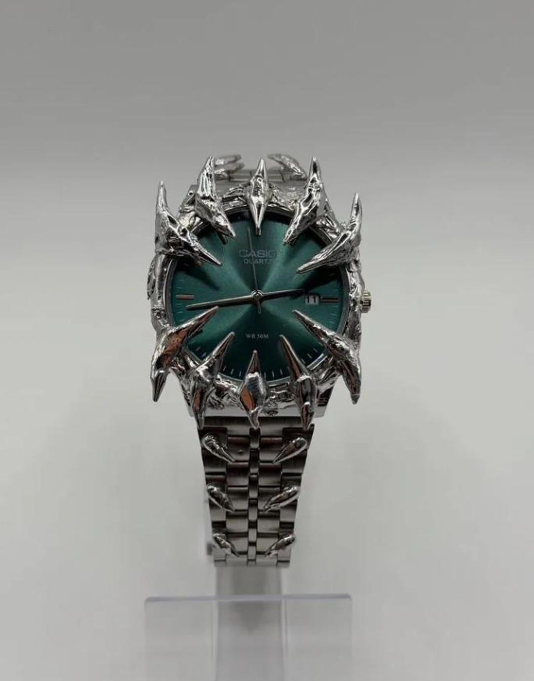 Handmade Spiked Casio Watch: Silver Metal, Emerald Green Dial - Etsy
