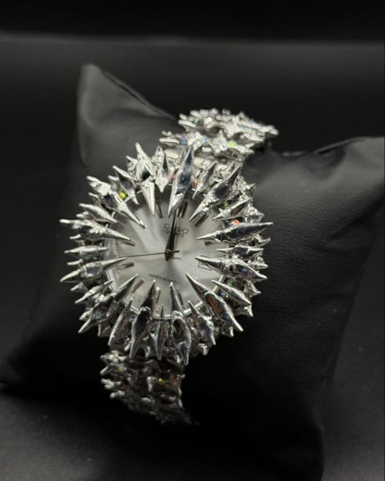 Custom Casio Watch Silver Crystal Spikes Icy Spiked Art Watch Handmade ...