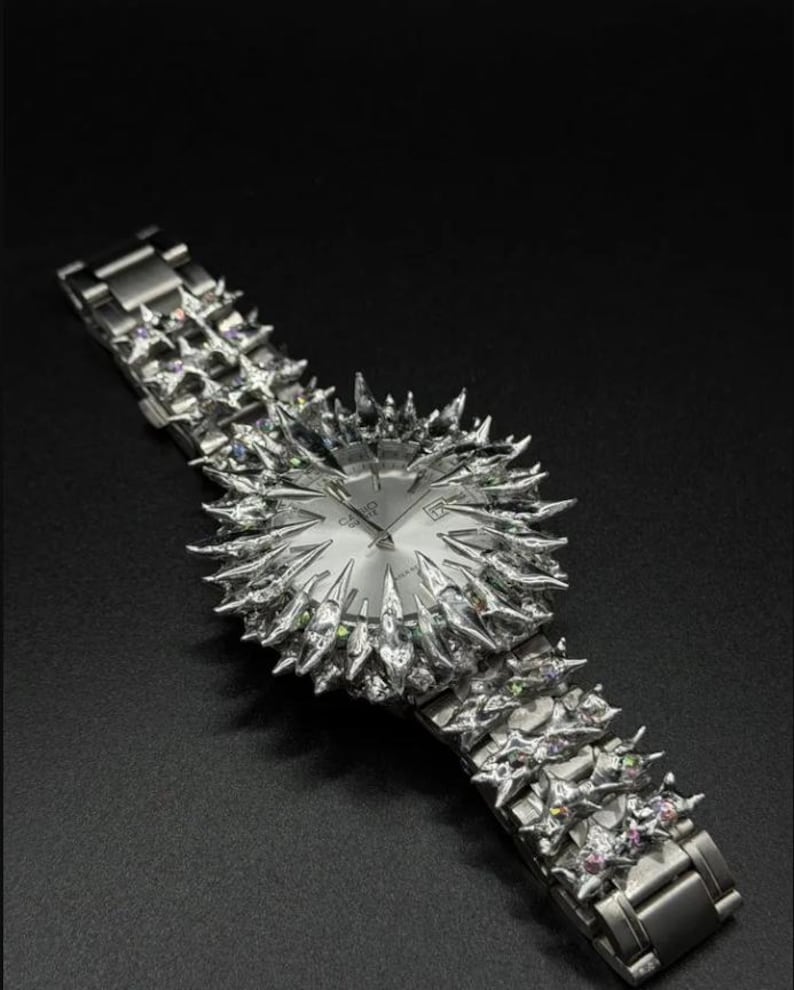 Custom Casio Watch Silver Crystal Spikes Icy Spiked Art Watch Handmade ...