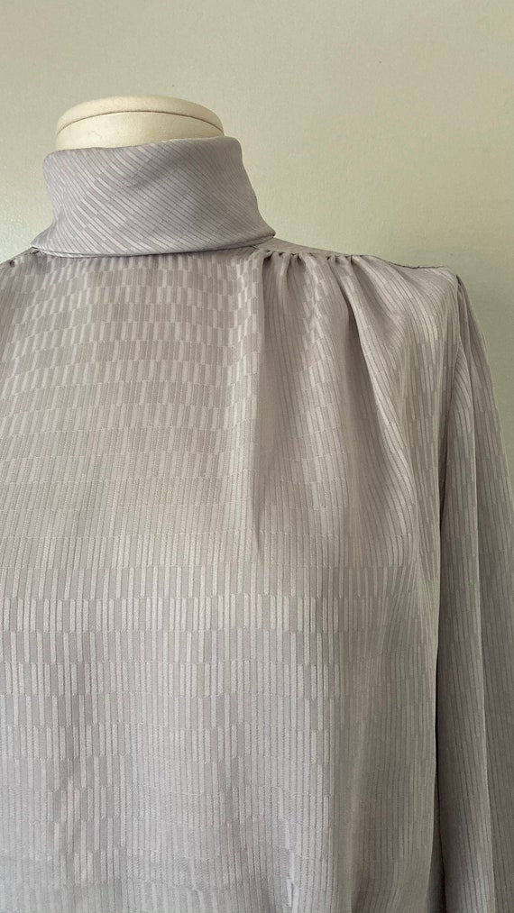 Silver Grey Satin Blouse High Neck Long Sleeve Top - Gem