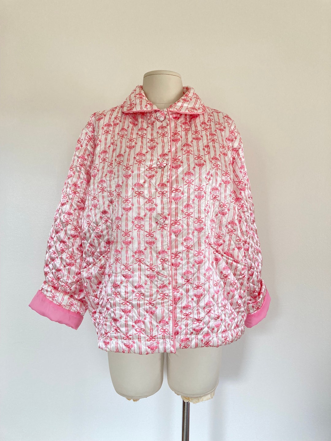 Quilted Satin Jacket // Pink Bow Motif Bed Jacket - Etsy