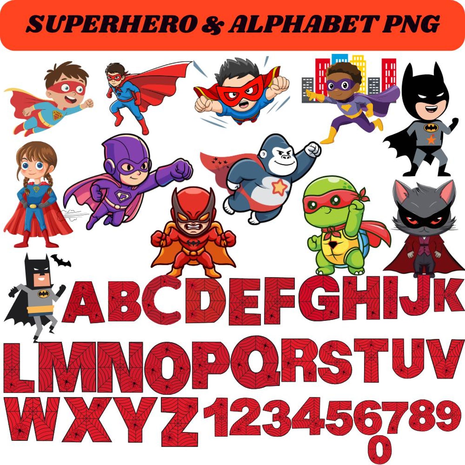 Super Hero Alphabet and Numbers PNG Bundle : (digital Download) - Etsy