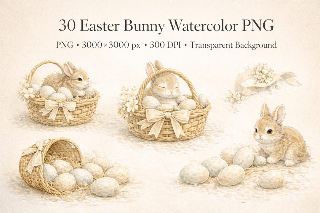Easter Bunny PNG Bundle, 30 Watercolor Bunny Clipart, Commercial Use ...