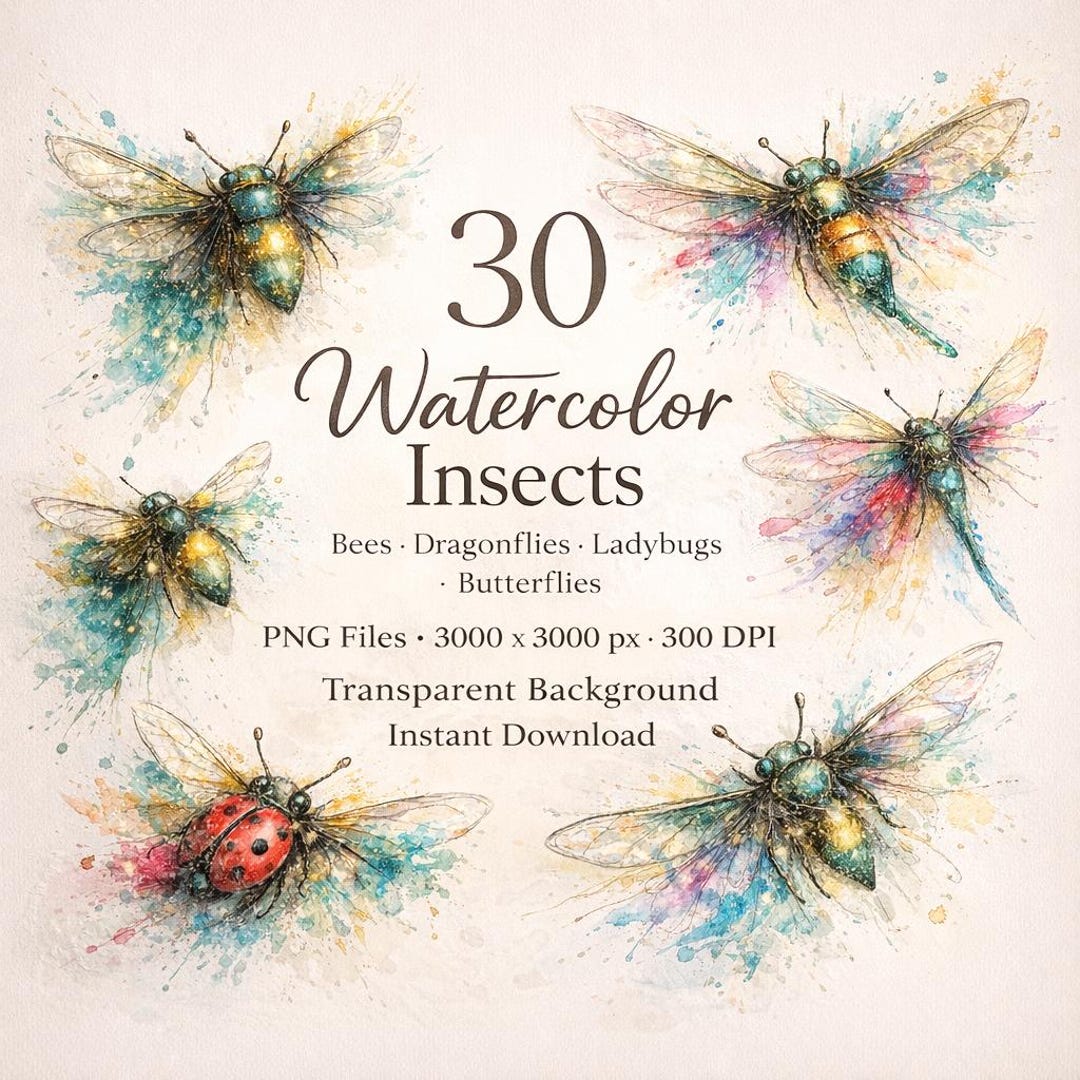 Watercolor Insect Clipart Bundle, Bees, Butterflies, Dragonflies (PNG ...