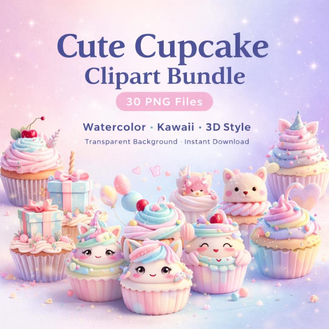 Watercolor Kawaii 3D Cupcake Clipart Bundle (30 PNG Files) – Instant ...