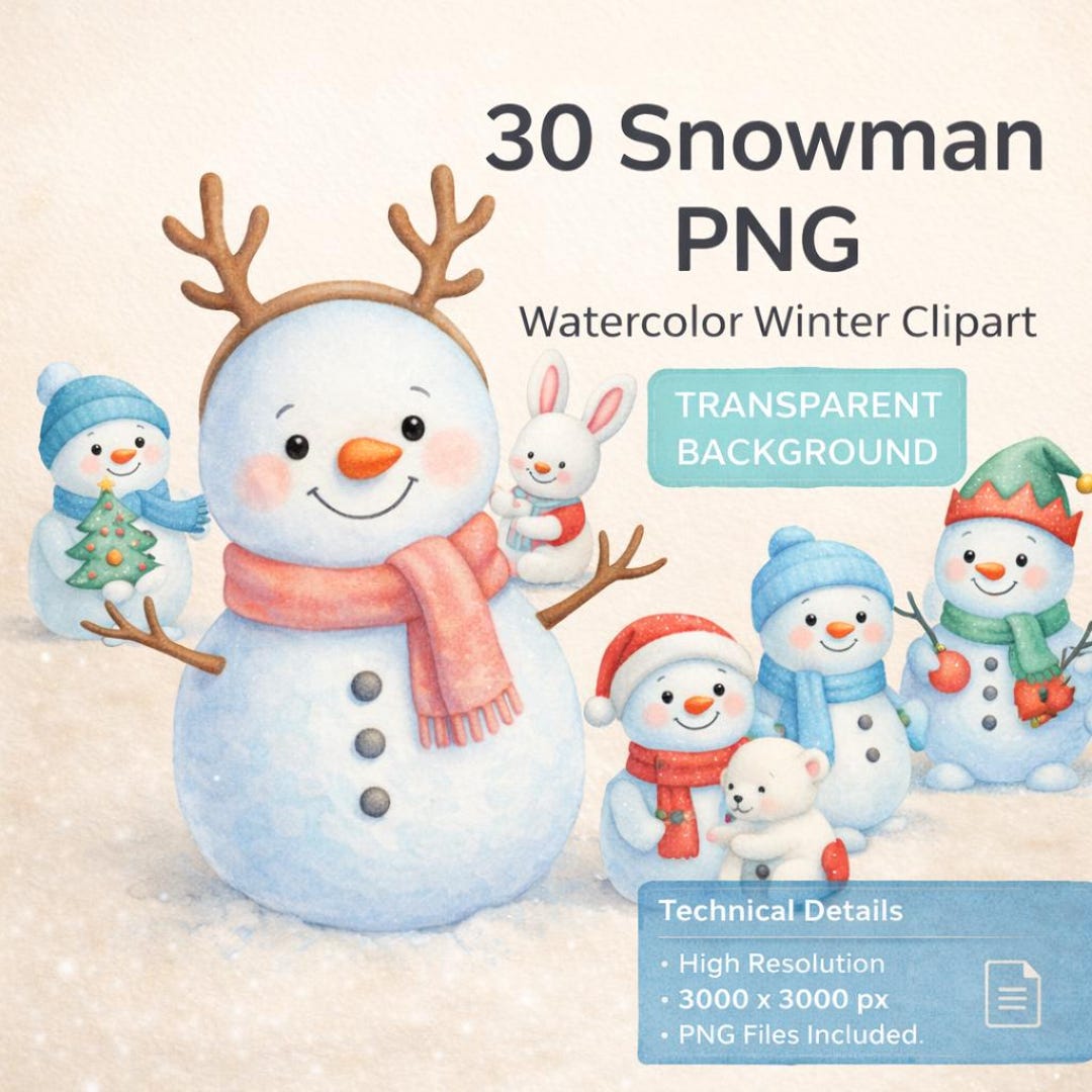 Watercolor Snowman Clipart Bundle, Christmas PNG Illustrations (digital ...