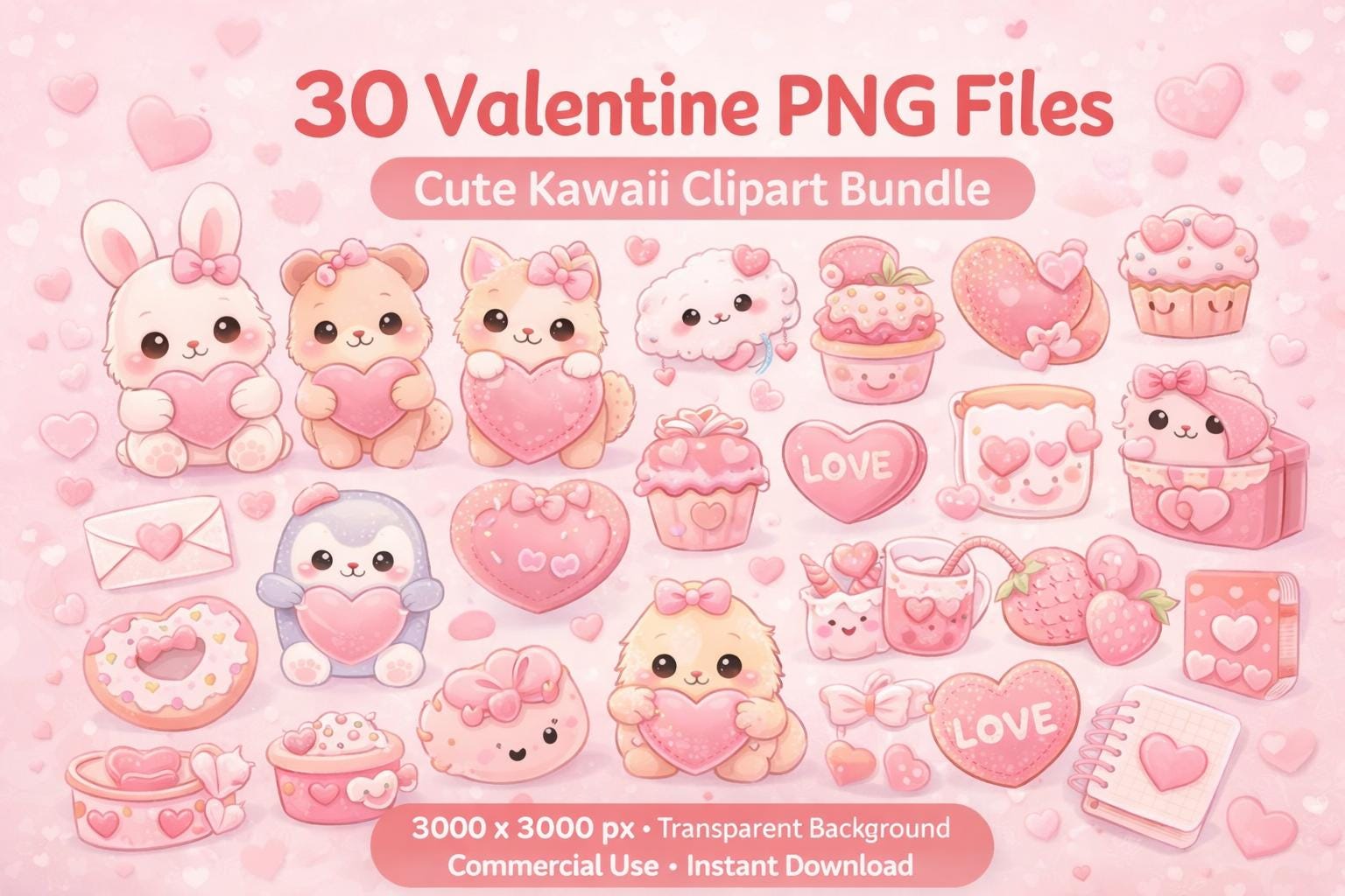 Kawaii Valentine Clipart Bundle, Animal PNG Graphics (digital Download ...
