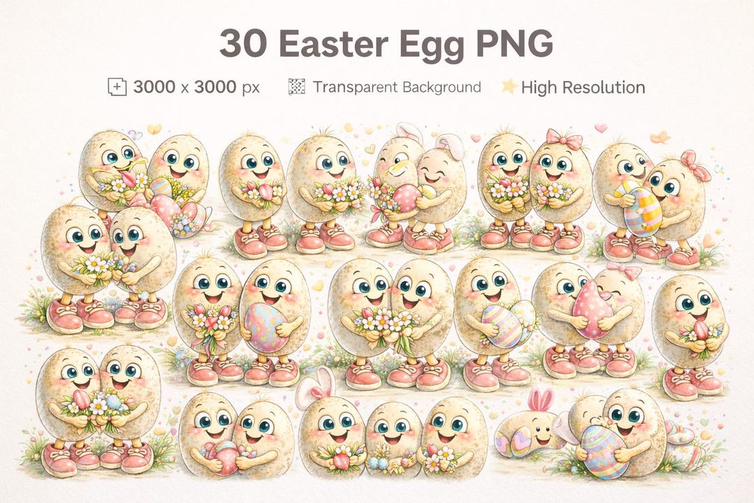 Cute Easter Egg Clipart Bundle, 30 Whimsical Watercolor PNG, Spring ...