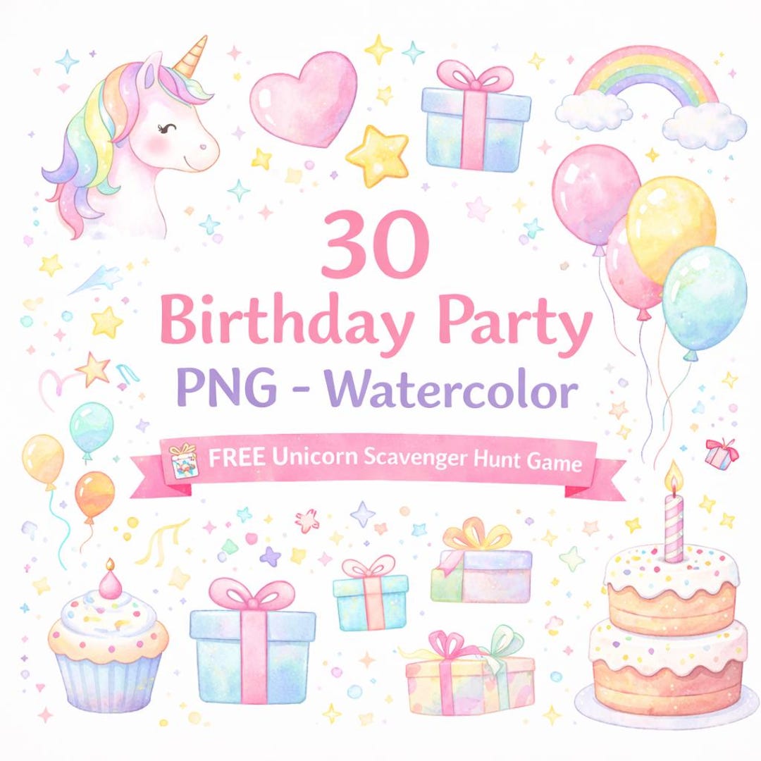 Unicorn Birthday Party Clipart Bundle | Watercolor PNG, Scavenger Hunt ...