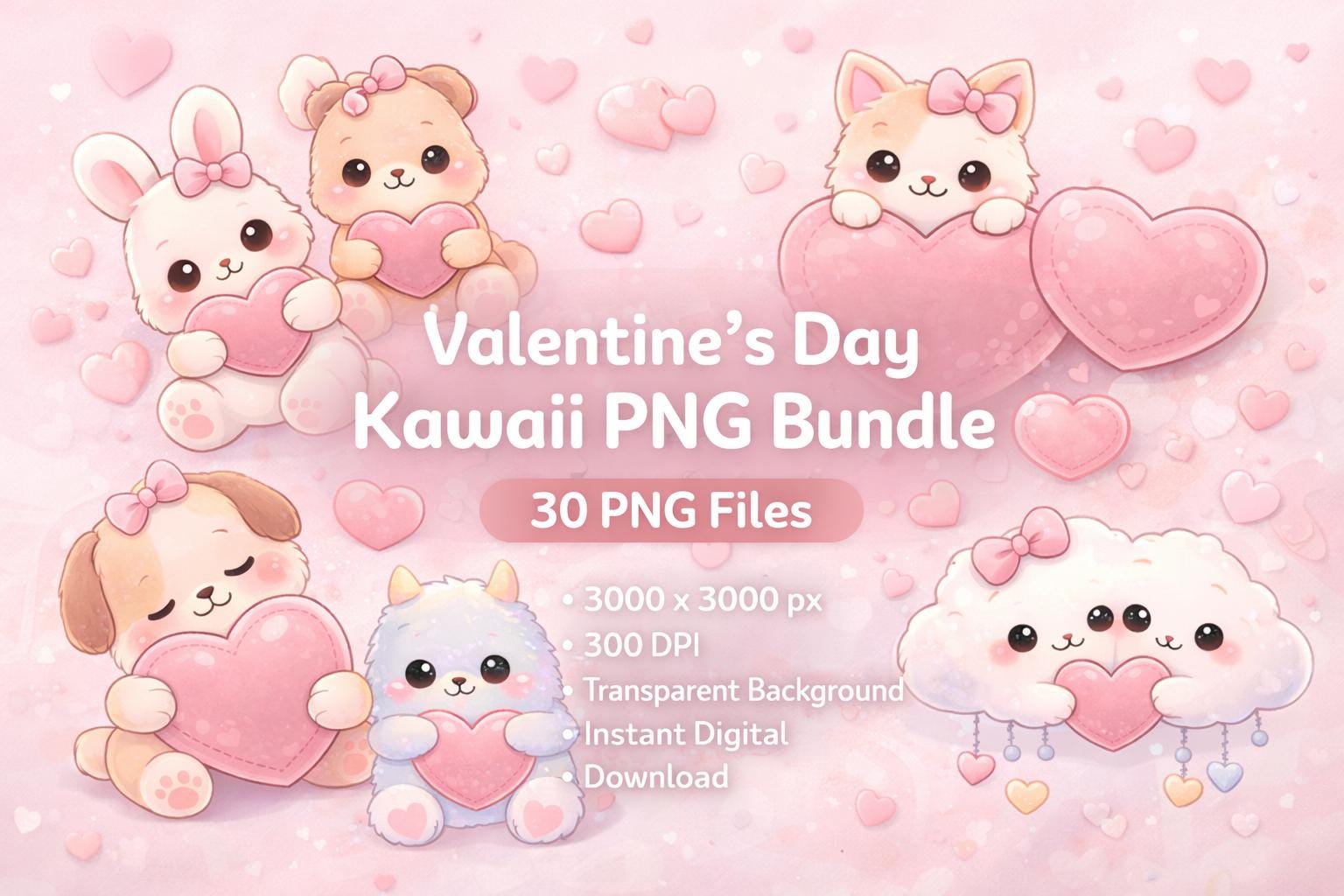 Kawaii Valentine Clipart Bundle, Animal PNG Graphics (digital Download ...