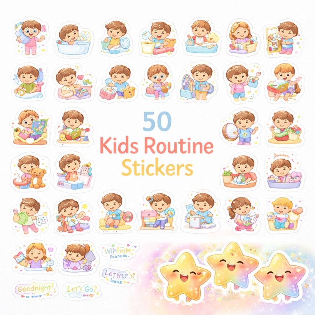 50 Kids Routine Stickers, Kawaii Watercolor Daily Habits Chart (digital ...