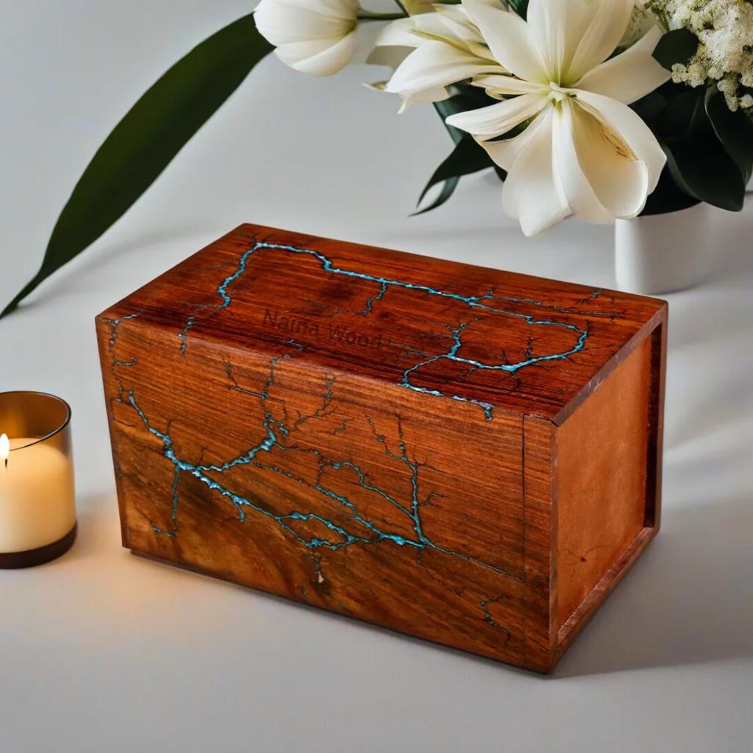 Personalized Rosewood Urn Box With Blue Resin | Handmade Thunderstorm ...
