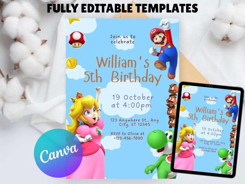 Editable Super Mario Birthday Invitation, Printable Canva Template - Etsy
