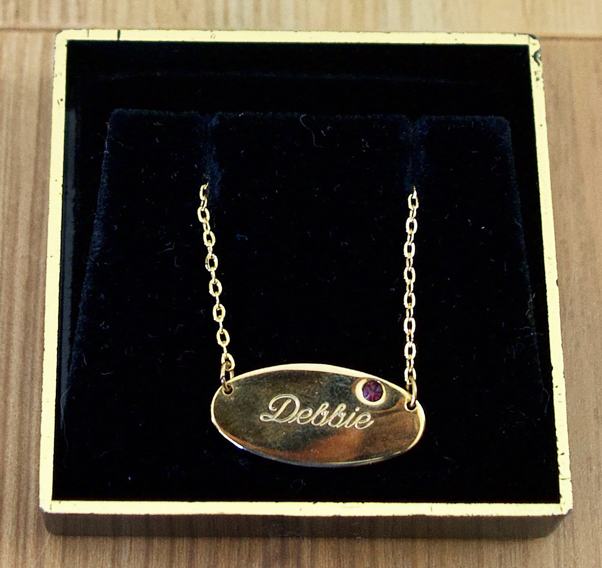 Gold Toned Name Necklace With Purple Stone Debbie Engraved - Etsy