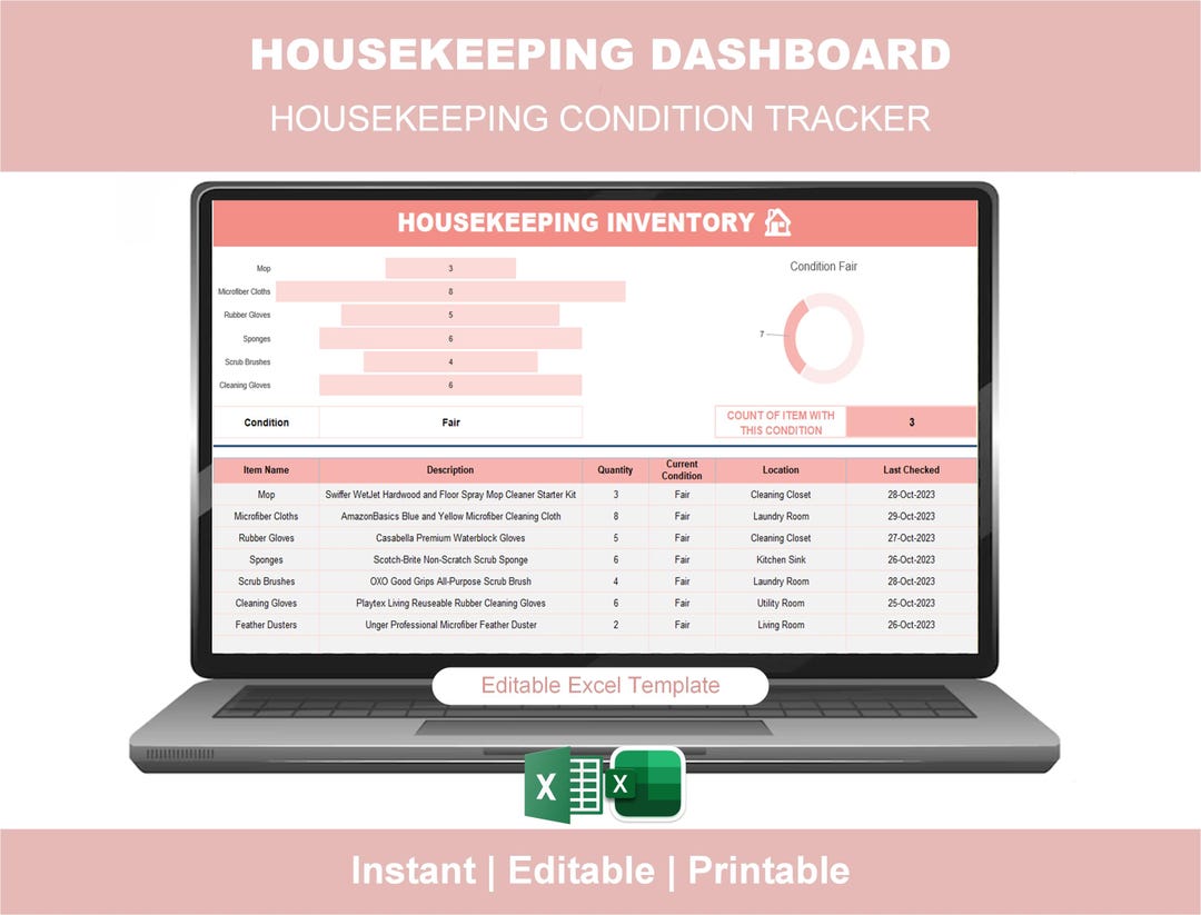 Housekeeping Dashboard Excel Template | Cleaning Inventory Tracker ...