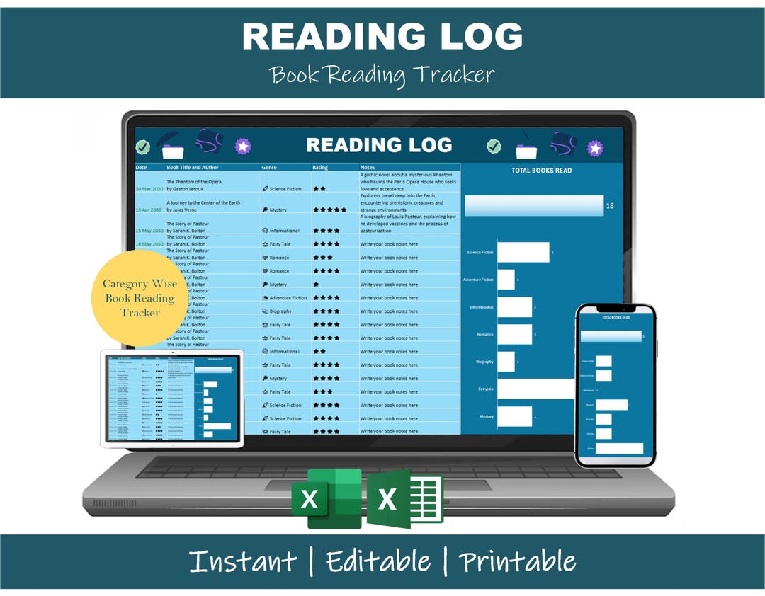 Reading Log Excel Spreadsheet | Book Journal Organizer | Category ...
