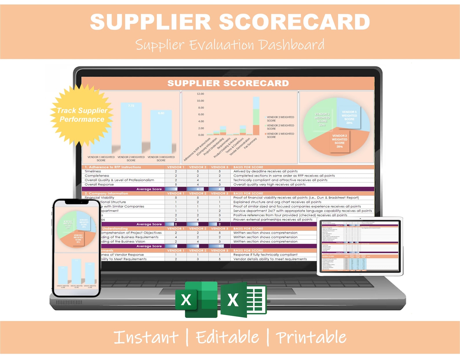 Supplier Evaluation Scorecard Excel | Vendor Performance Assessment ...