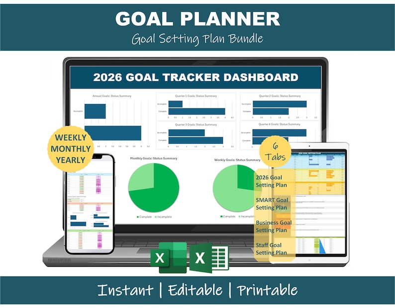 2026 Goals Planner Dashboard | SMART Goal Setting Excel Template ...