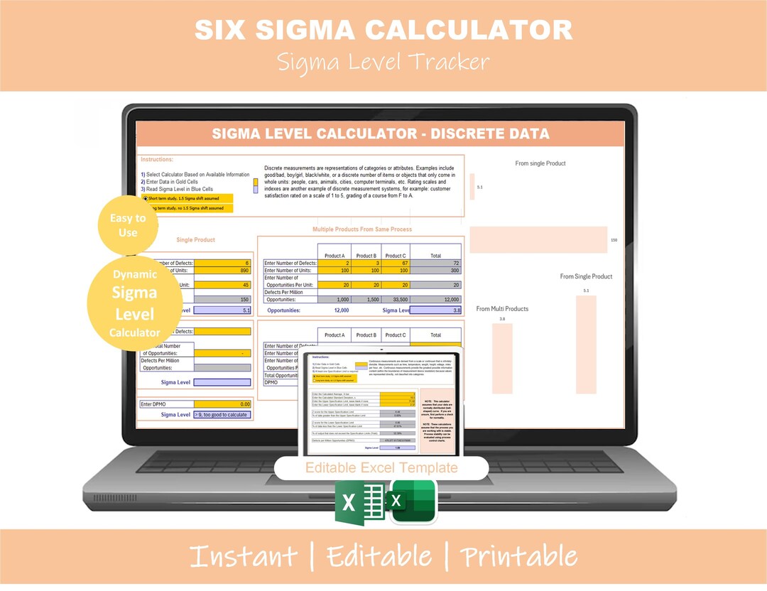 Six Sigma Calculator | Excel Template, Quality Control Kpis (digital ...
