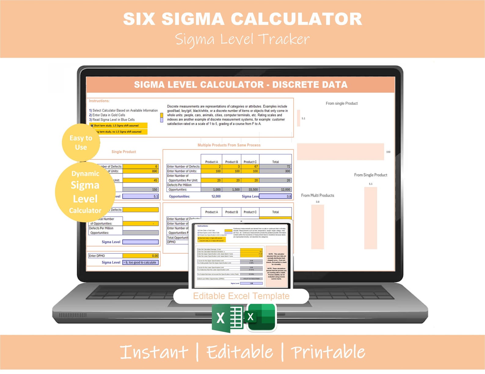 Six Sigma Calculator | Excel Template, Quality Control Kpis (digital ...