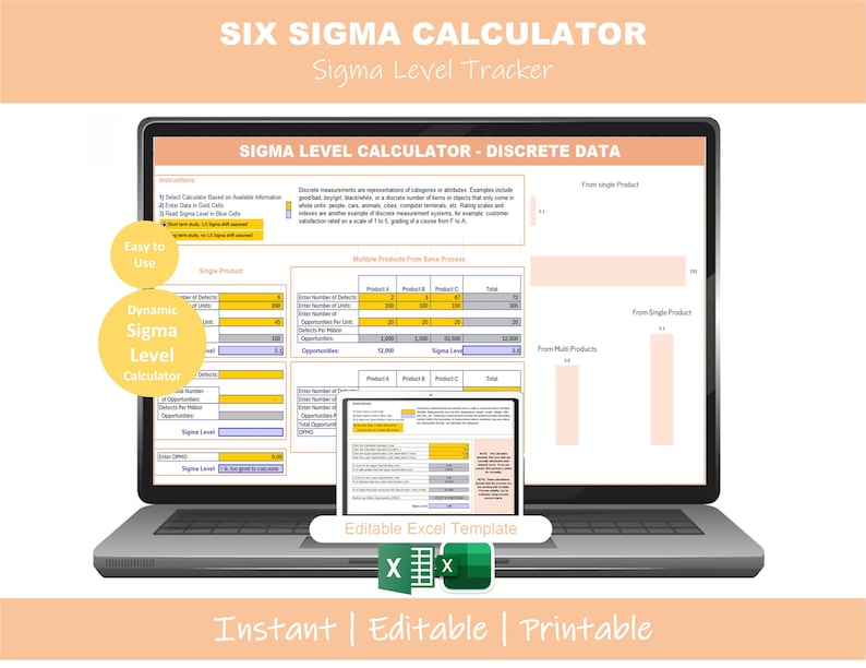 Six Sigma Calculator | Excel Template, Quality Control Kpis (digital ...