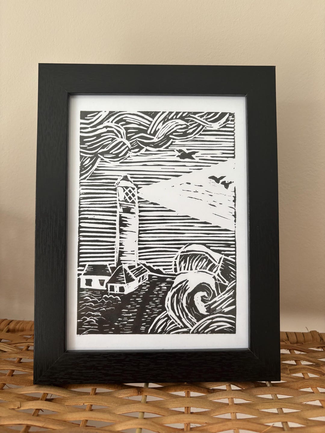 Lighthouse Linoprint ‘light in a Storm’ on Card - Etsy