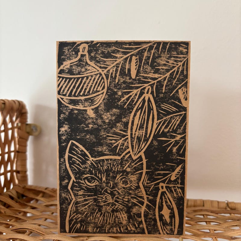 Cat Christmas Linocut - Etsy UK
