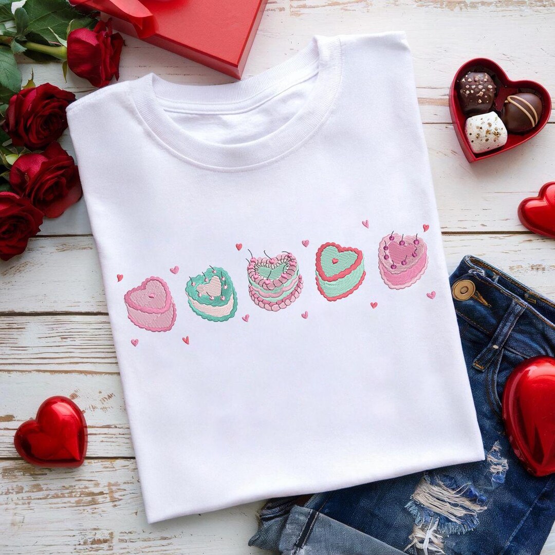 Embroidered Kawaii Heart Cakes Sweatshirt, Retro Pastel Bakery T-shirt ...