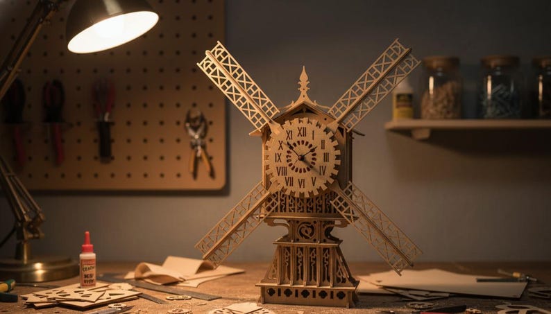 Laser Cut Windmill Clock CDR File, Mechanical Wood Model, 3D Gear Clock ...