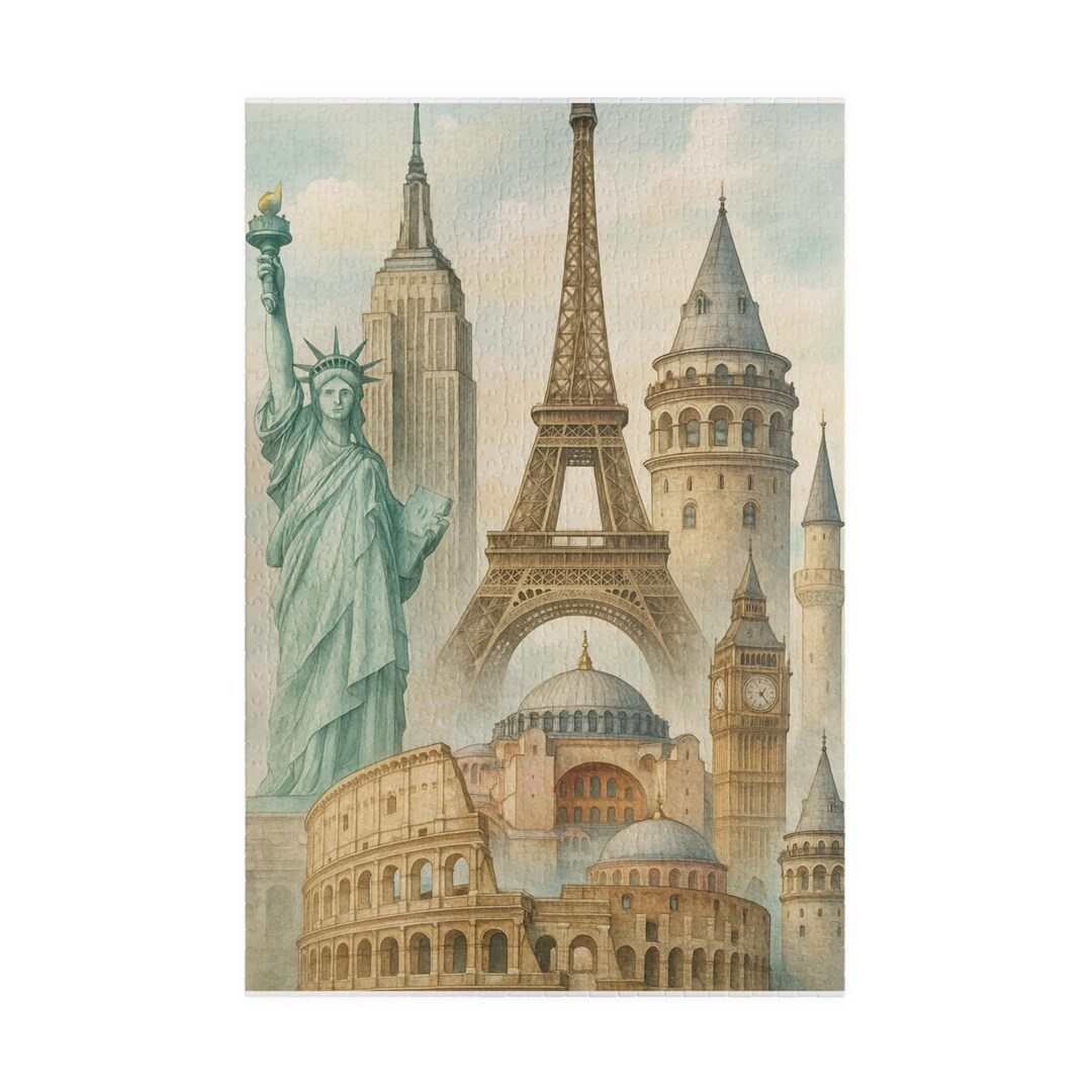 World Landmarks Jigsaw Puzzle | Vintage Cityscape Art - Etsy