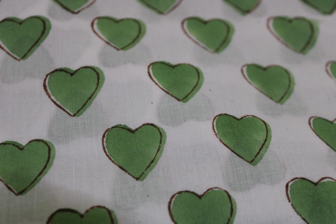 Soft Green Heart Print Cotton Fabric | Hand Block Printed Cotton - Etsy