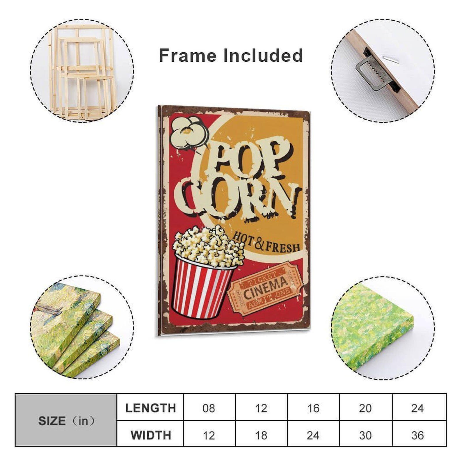 Vintage Popcorn Sign Retro Cinema Wall Art Hot and Fresh Movie Theater ...