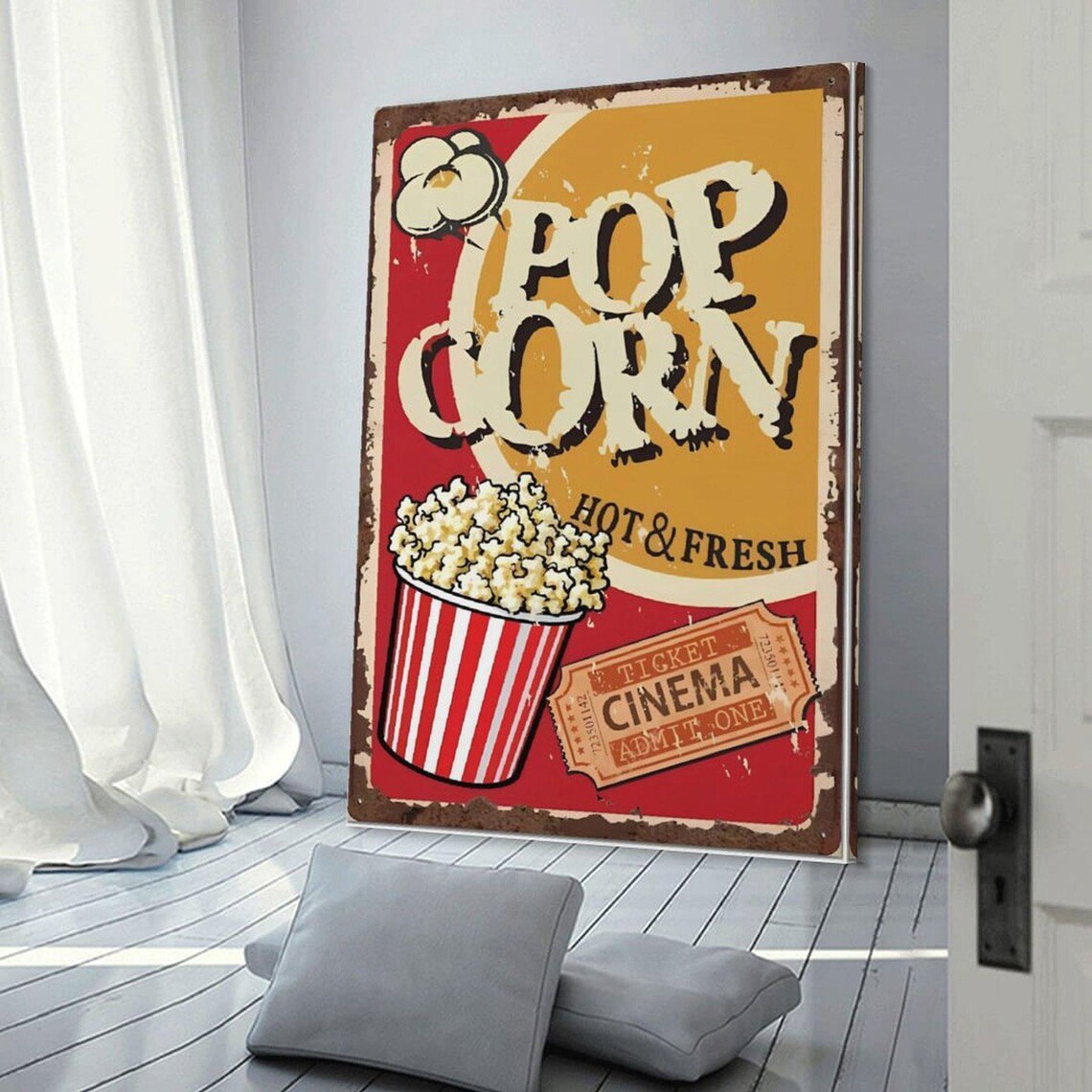 Vintage Popcorn Sign Retro Cinema Wall Art Hot and Fresh Movie Theater ...
