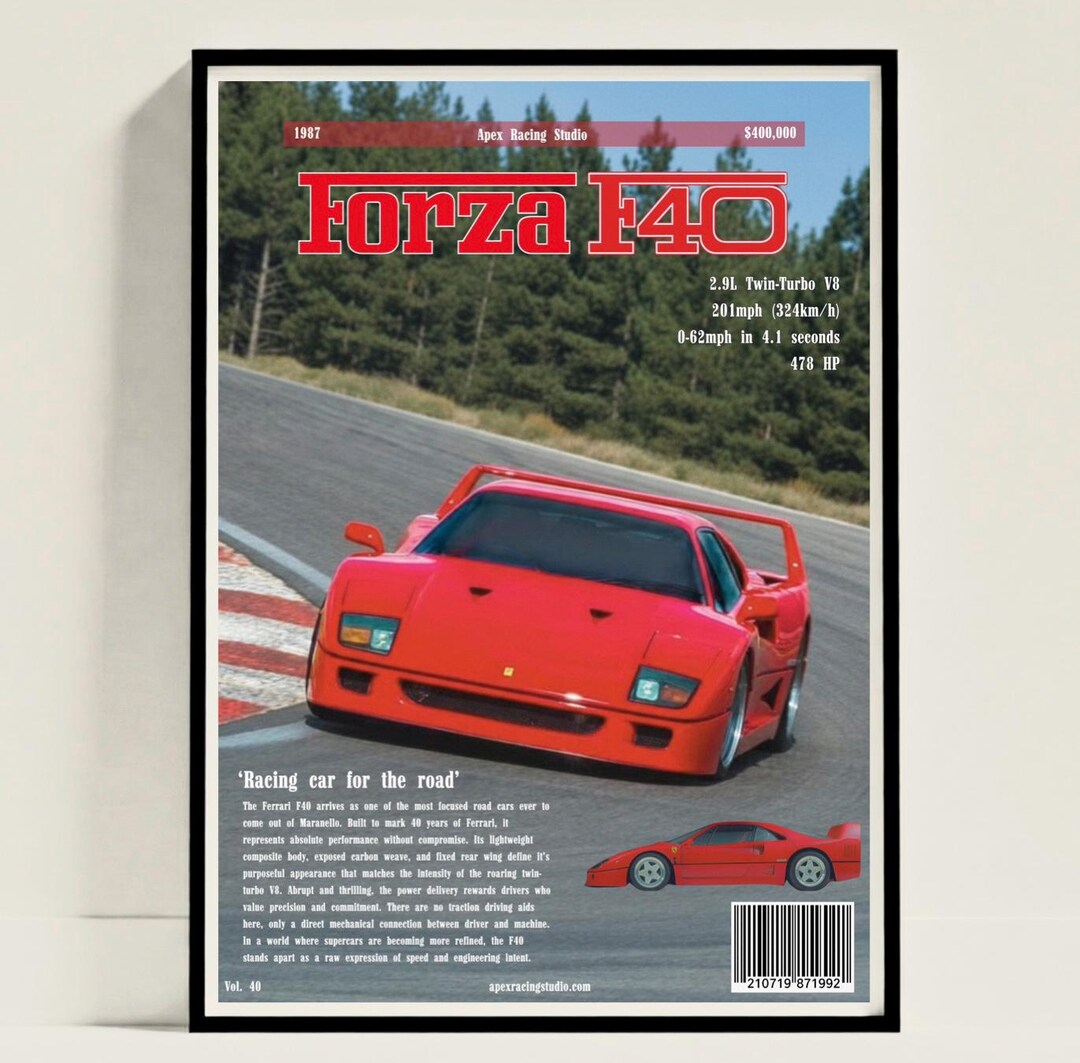 Ferrari F40 Poster | Magazine Cover Retro Vintage | Forza F40 Premium ...