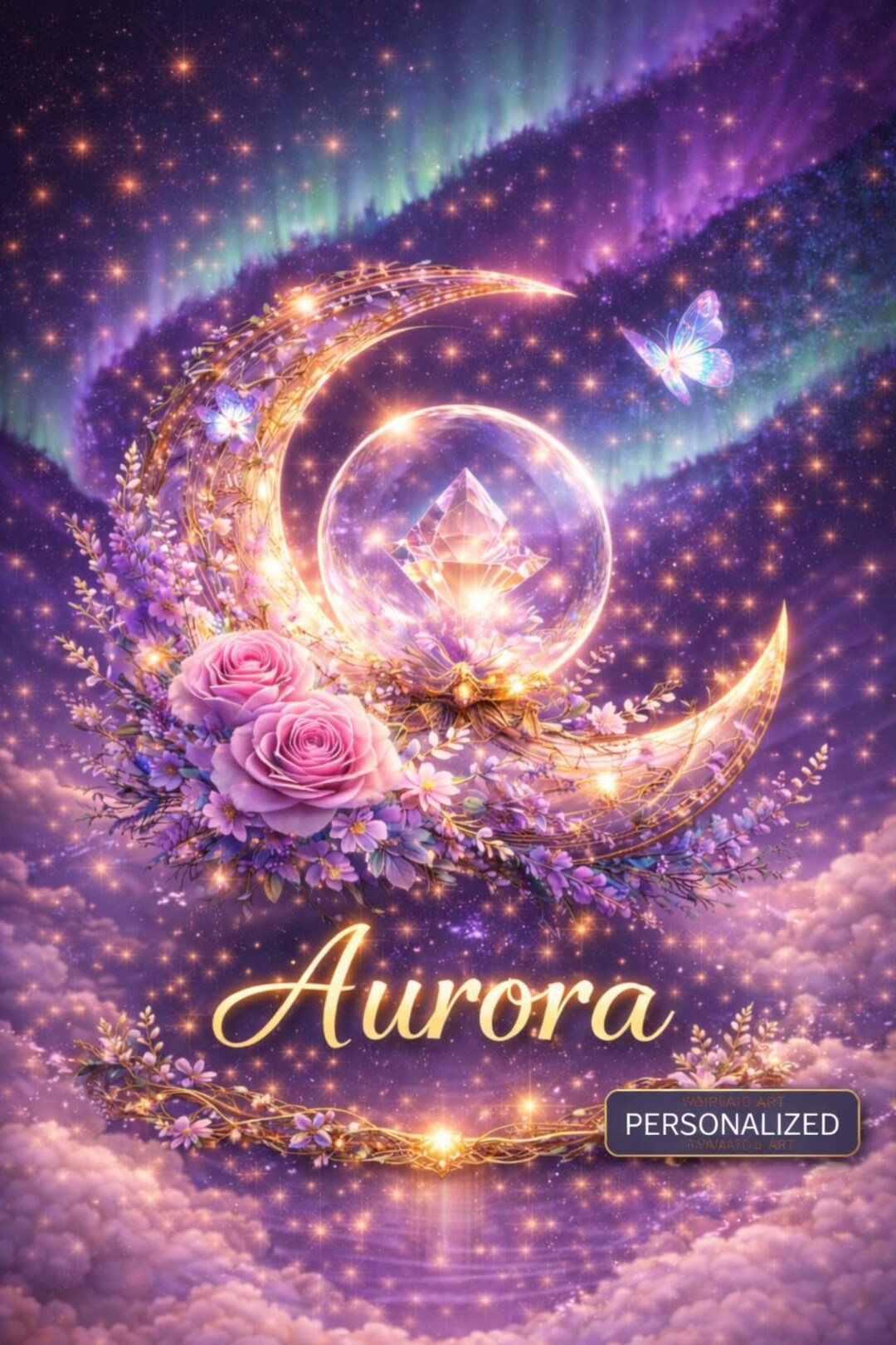 Aurora Name Wall Art, Personalized Celestial Nursery Print, Moon ...