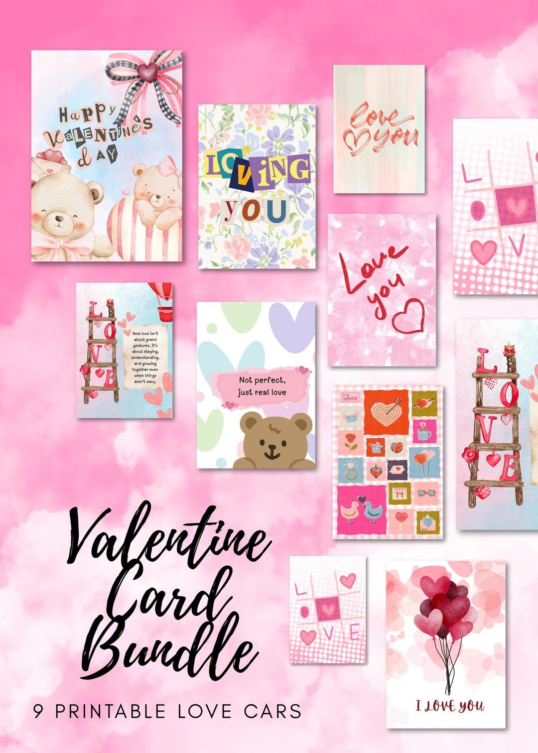 9 Cute Valentine Card Bundle, Printable Love Cards, Soft & Cute ...