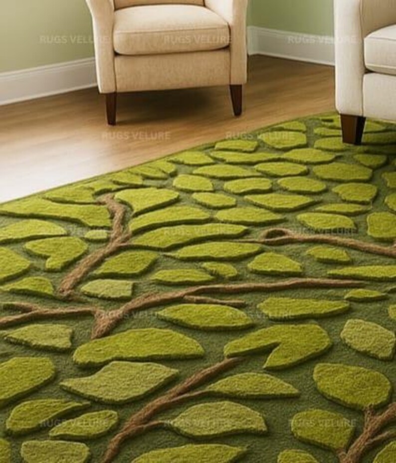 Nature Inspired Leaf Pattern Green Rug | 3D Tree Design Carpet | Soft ...