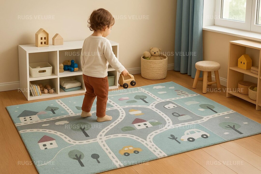 Soft Pastel Kids Road Map Play Rug - Etsy