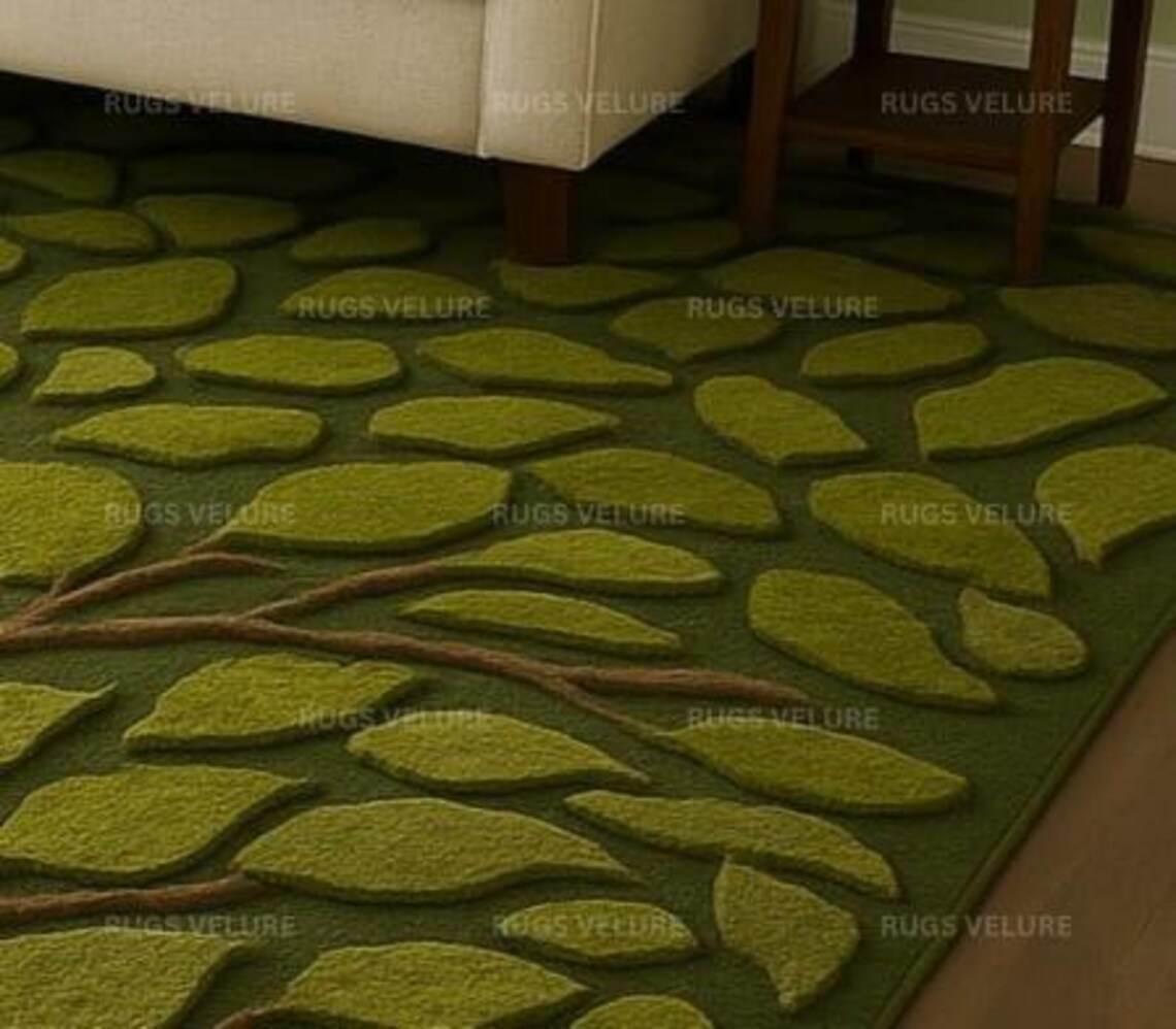 Nature Inspired Leaf Pattern Green Rug | 3D Tree Design Carpet | Soft ...