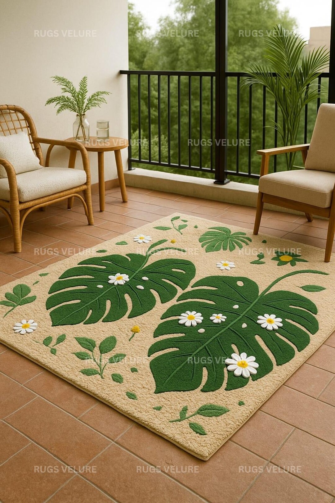 Tropical Monstera Leaf & Daisy Pattern Rug - Etsy