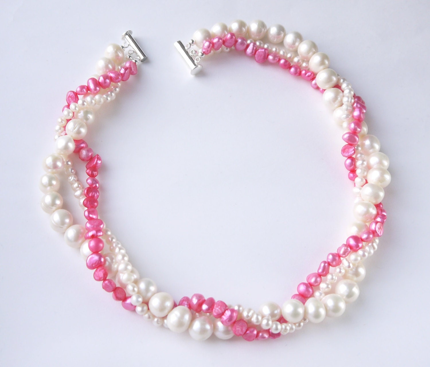 Pink Pearl Necklace - Baby Pink & Ivory White Freshwater Pearls Three ...