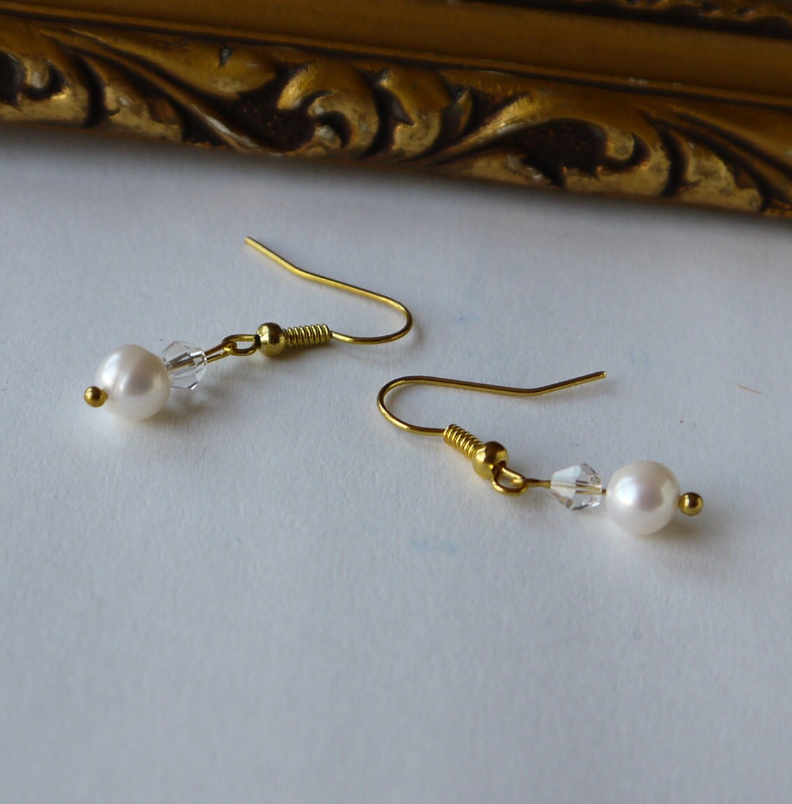 Ivory White Freshwater Round Pearl and Clear Swarovski Crystal Gold ...